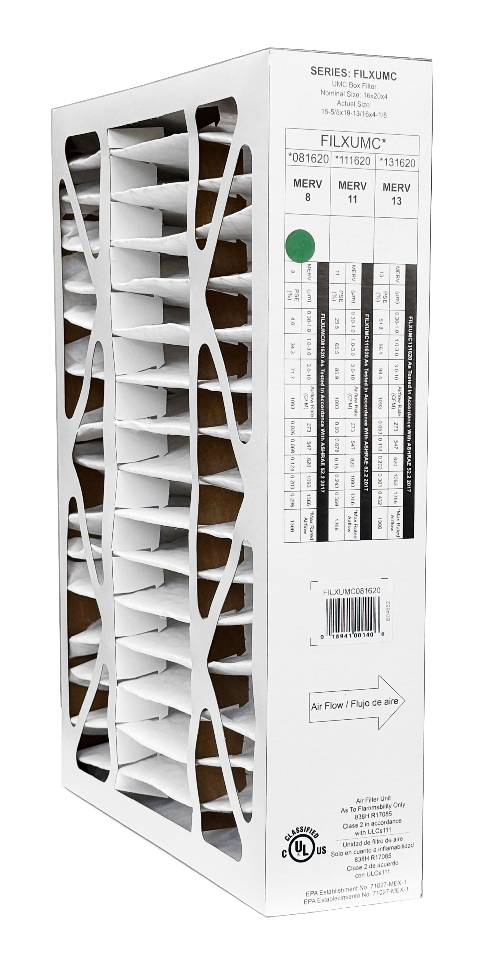 Carrier & Bryant FILXUMC081620 - 16" x 20" x 4" Pleated Air Filter, ME ...